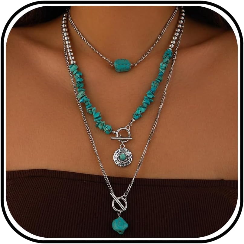 Boho Layered Necklaces for Women Trendy Dainty Western Turquoise Choker ...