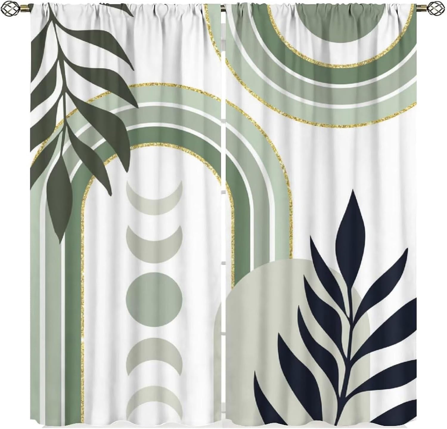 Boho Leaf Curtains, Mid Century Abstract Green Gold Leaves Tropical ...