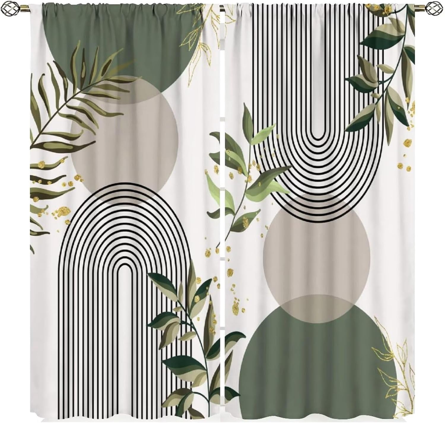 Boho Leaf Curtains, Mid Century Abstract Green Leaves Tropical Palm ...