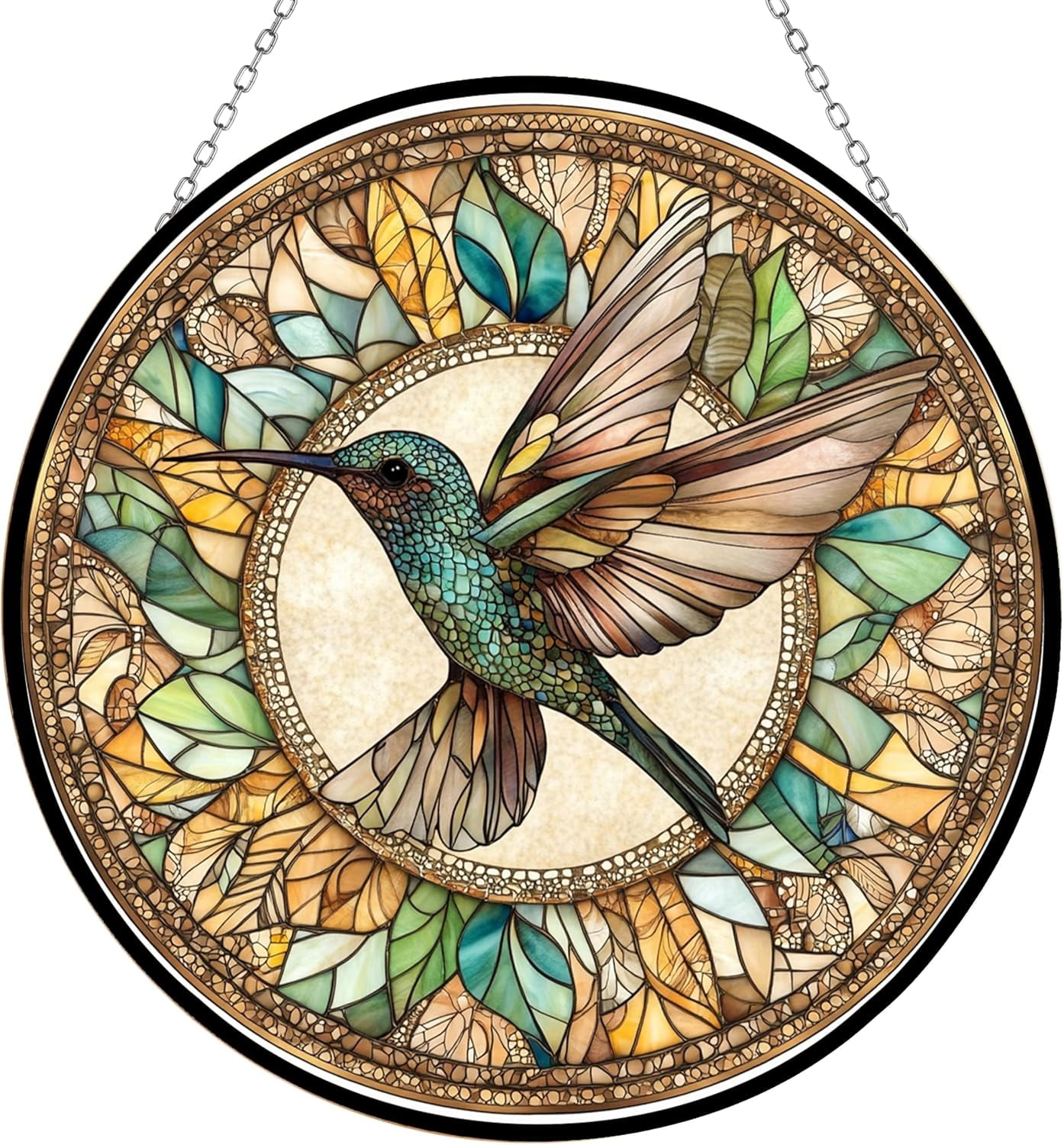 Boho Leaf and Hummingbird Stained Glass Window Hanging Window ...