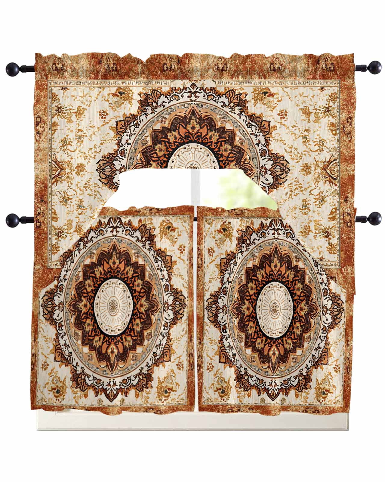 Boho Leaf Kitchen Curtains Sets 24 Inch Length with Valance, Orange ...