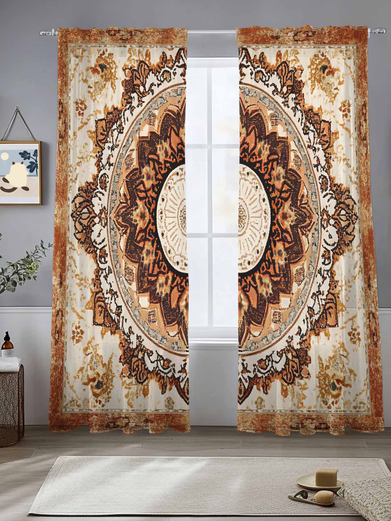 Boho Leaf Sheer Curtains for Living Room Bedroom Orange Rustic Tribal ...
