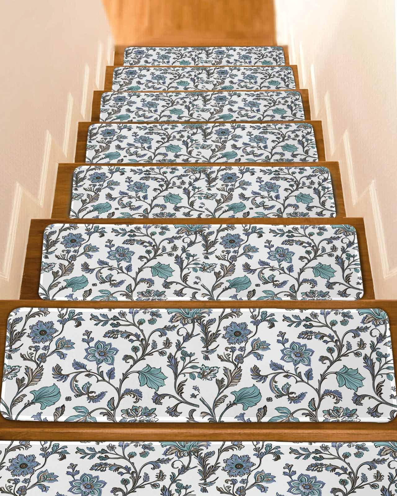 Boho Leaf Stair Treads for Wooden Steps Indoor Runner Rug Carpet, Teal ...
