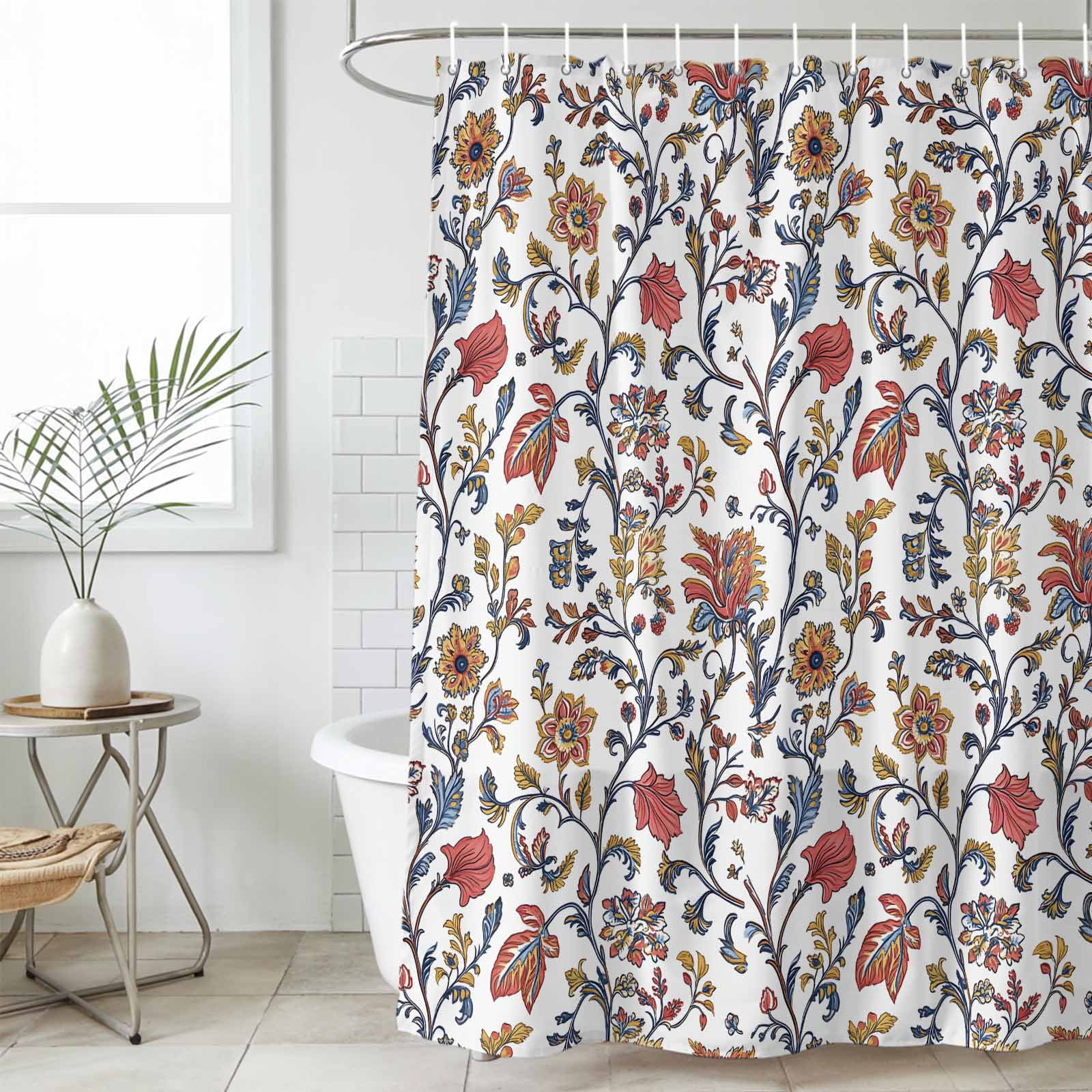 Boho Leaf Waterproof Fabric Shower Curtain,Orange Red Spring Farmhouse ...