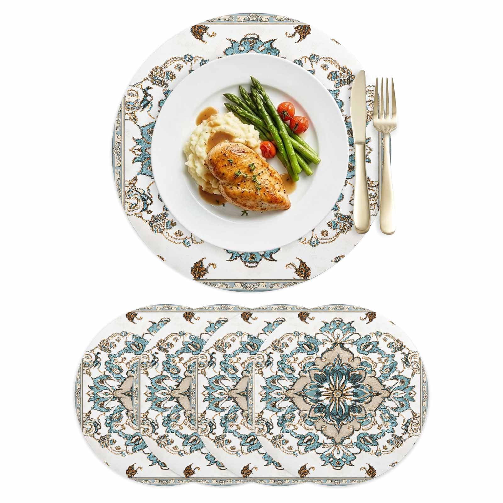 Boho Leather Placemats Set of 4, 12 Inch, Retro Blue Floral Vintage ...
