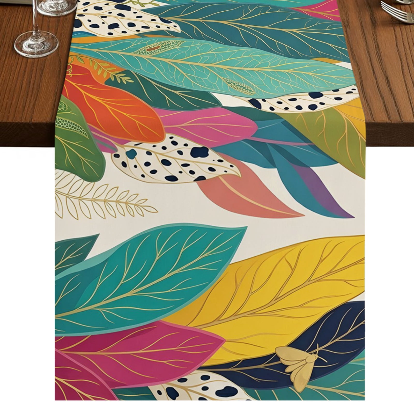 Boho Leaves Burlap Cotton Table Runner 14x72 Inches Long, Colorful ...