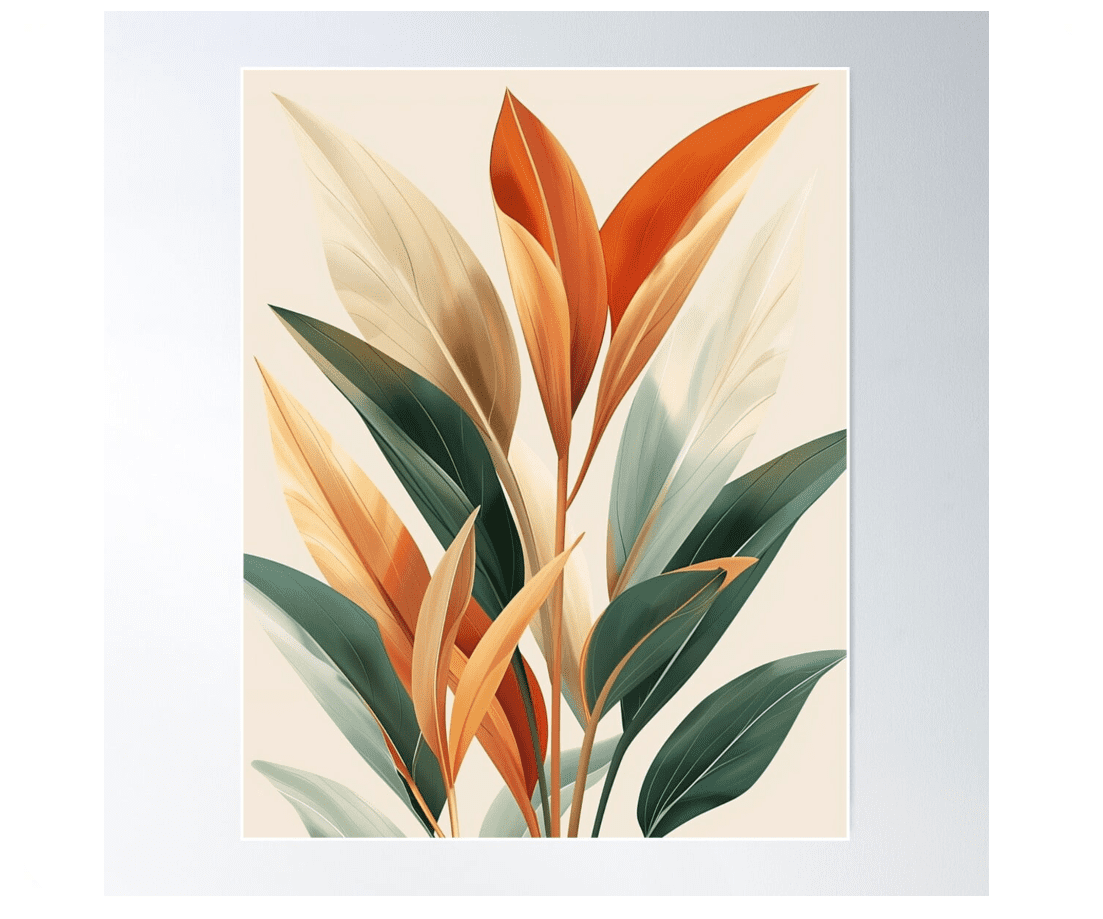 Boho Leaves Orange Green Botanical Wall Art Poster Home Decor Office ...