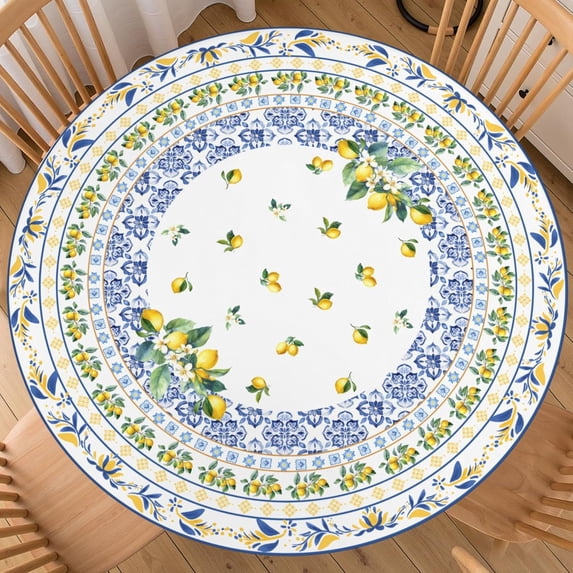 Boho Lemon Round Fitted Tablecloth with Elastic Edge Summer Blue Yellow ...