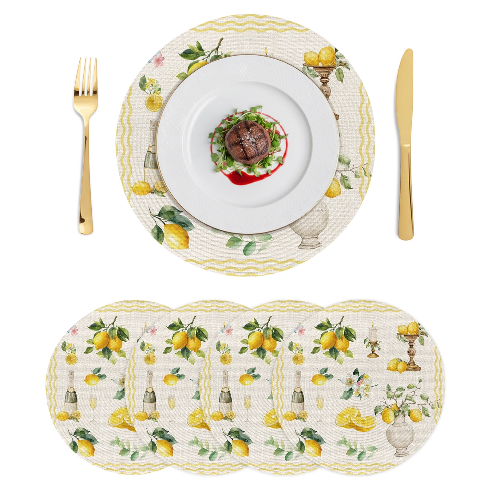 Boho Lemons Round Placemats Set of 4 Summer Vintage Yellow Fruits ...