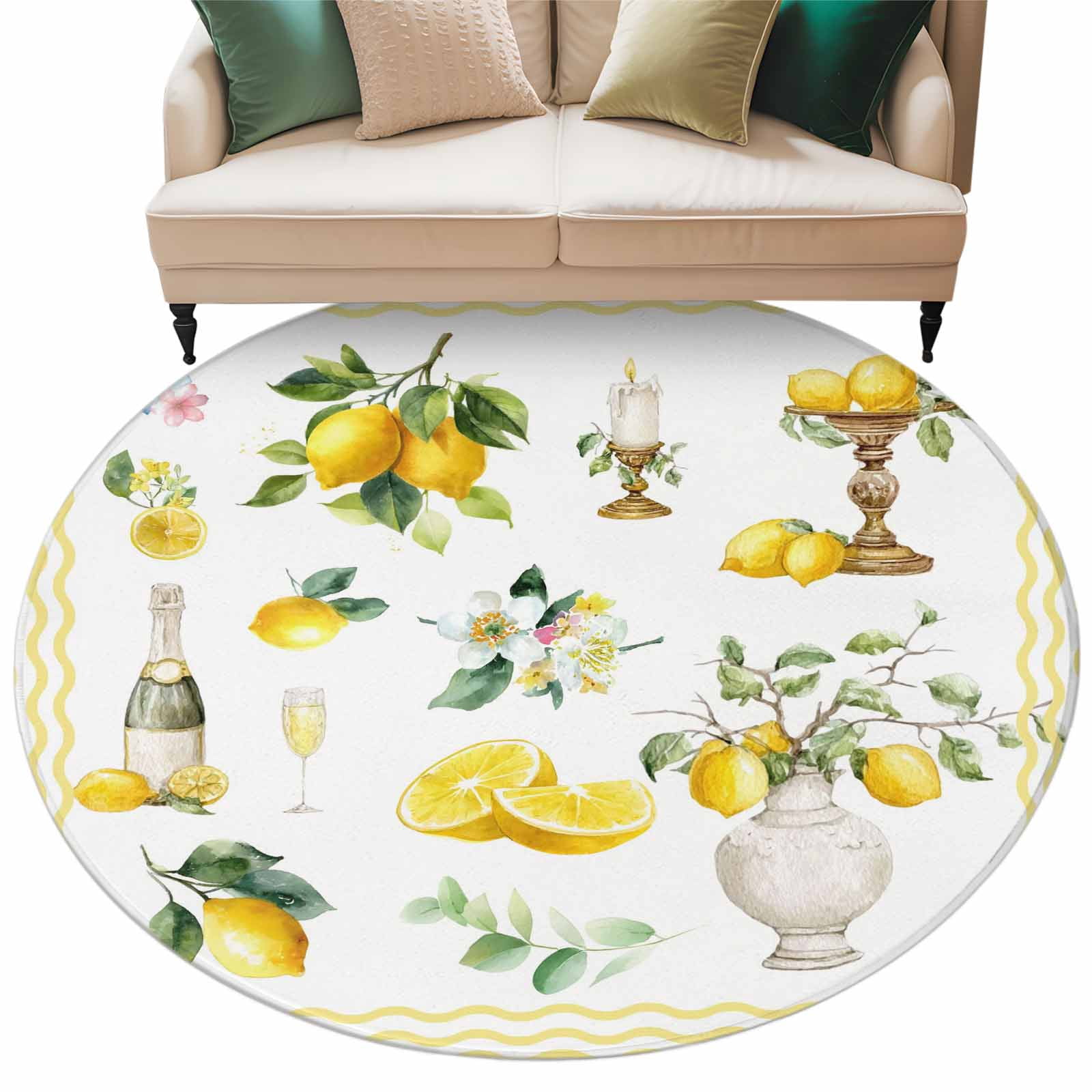 Boho Lemons Round Rug 8ft Washable Circle Rugs Non Slip Summer Yellow ...