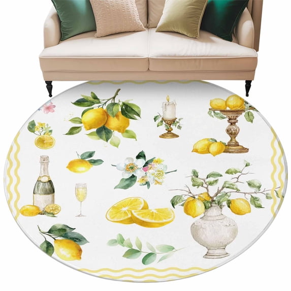 Boho Lemons Round Rug 8ft Washable Circle Rugs Non Slip Summer Yellow ...