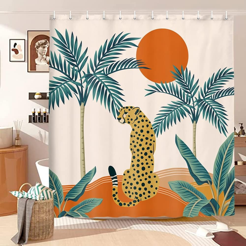 Boho Leopard Shower Curtain, Mid Century Modern Abstract Sun Moon Cute ...