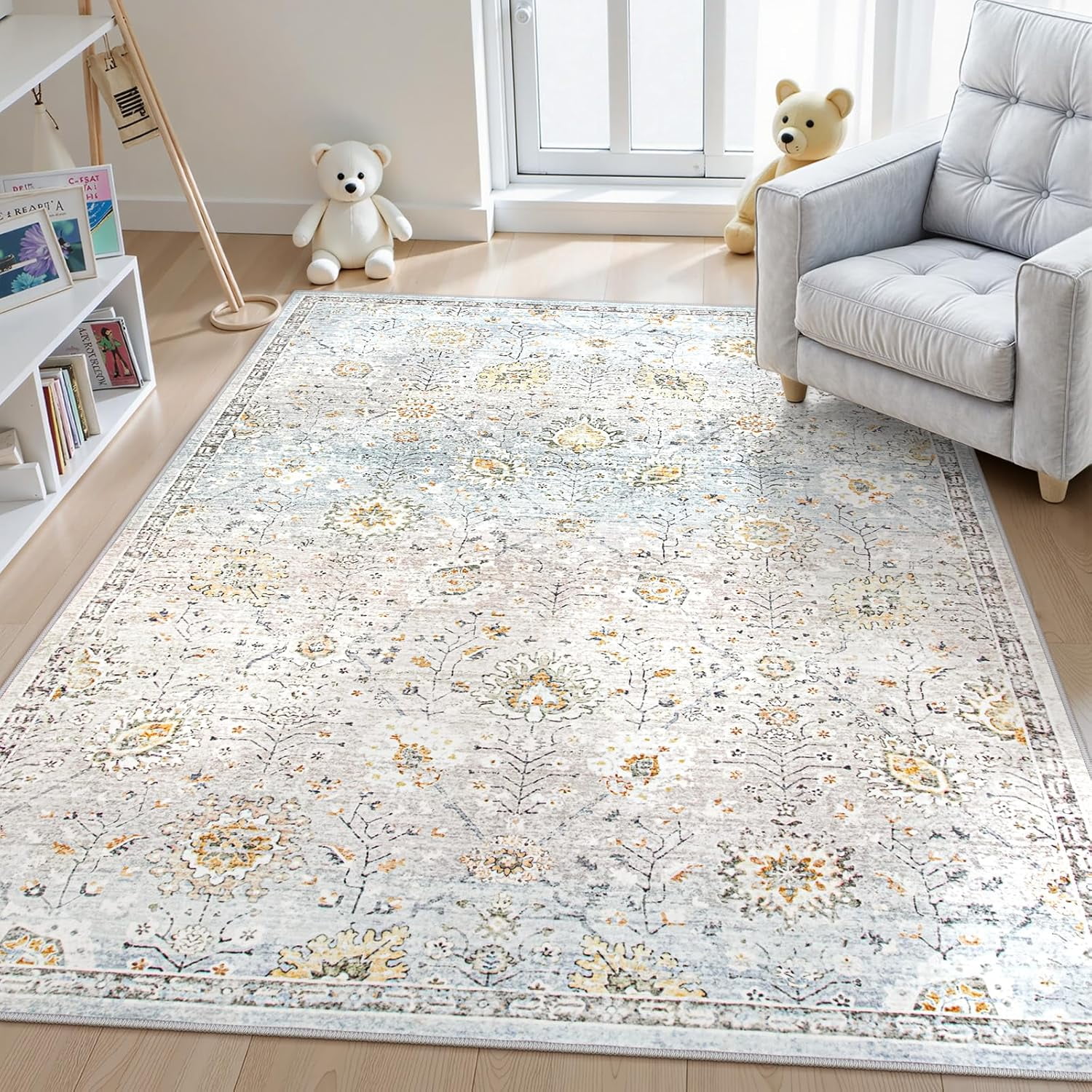Boho Light Blue Area Rug 5x7 for Living Room, Soft Large Floral Rug for ...