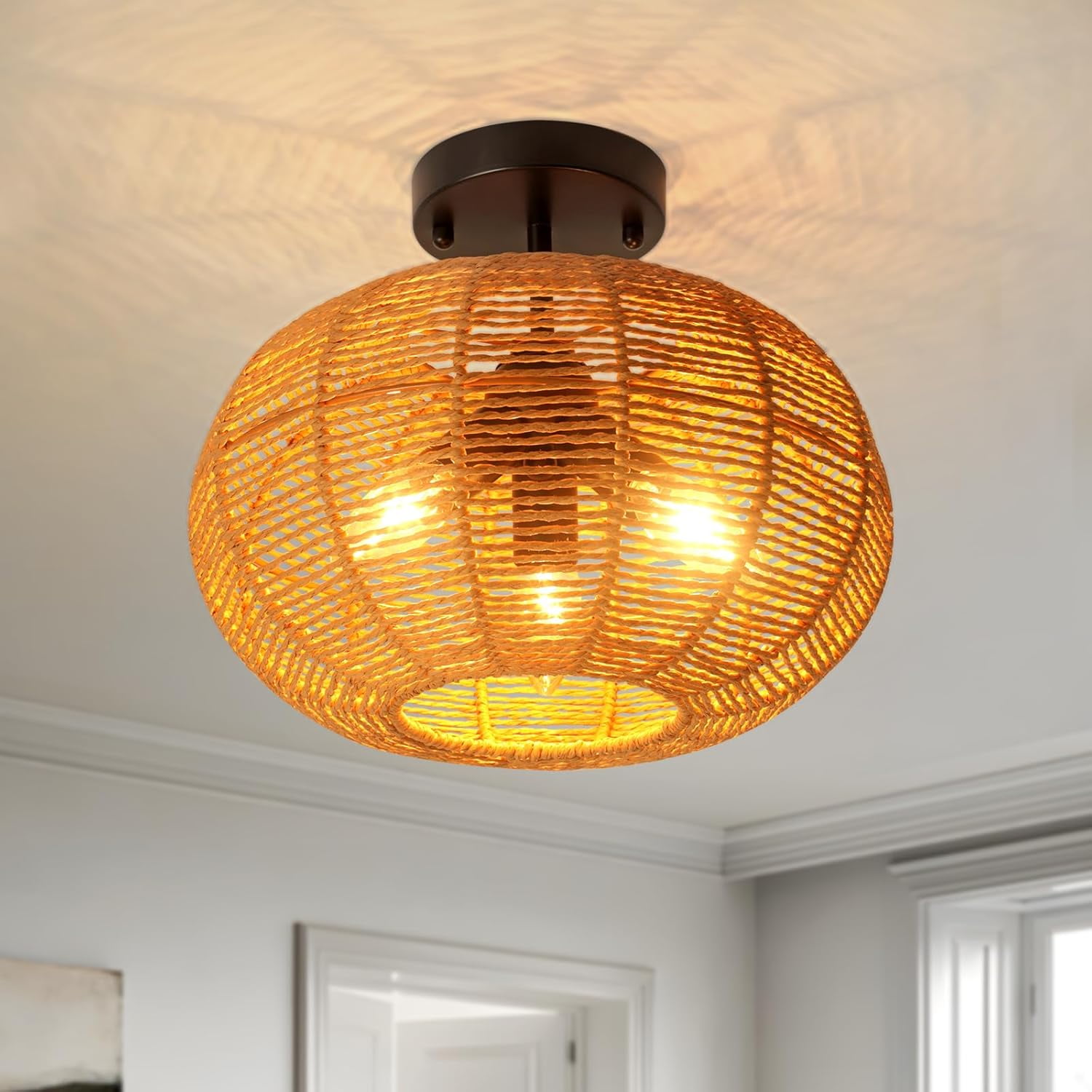 Boho Light Fixture,3-Light Rattan Ceiling Light with Dimmable Led Bulb ...