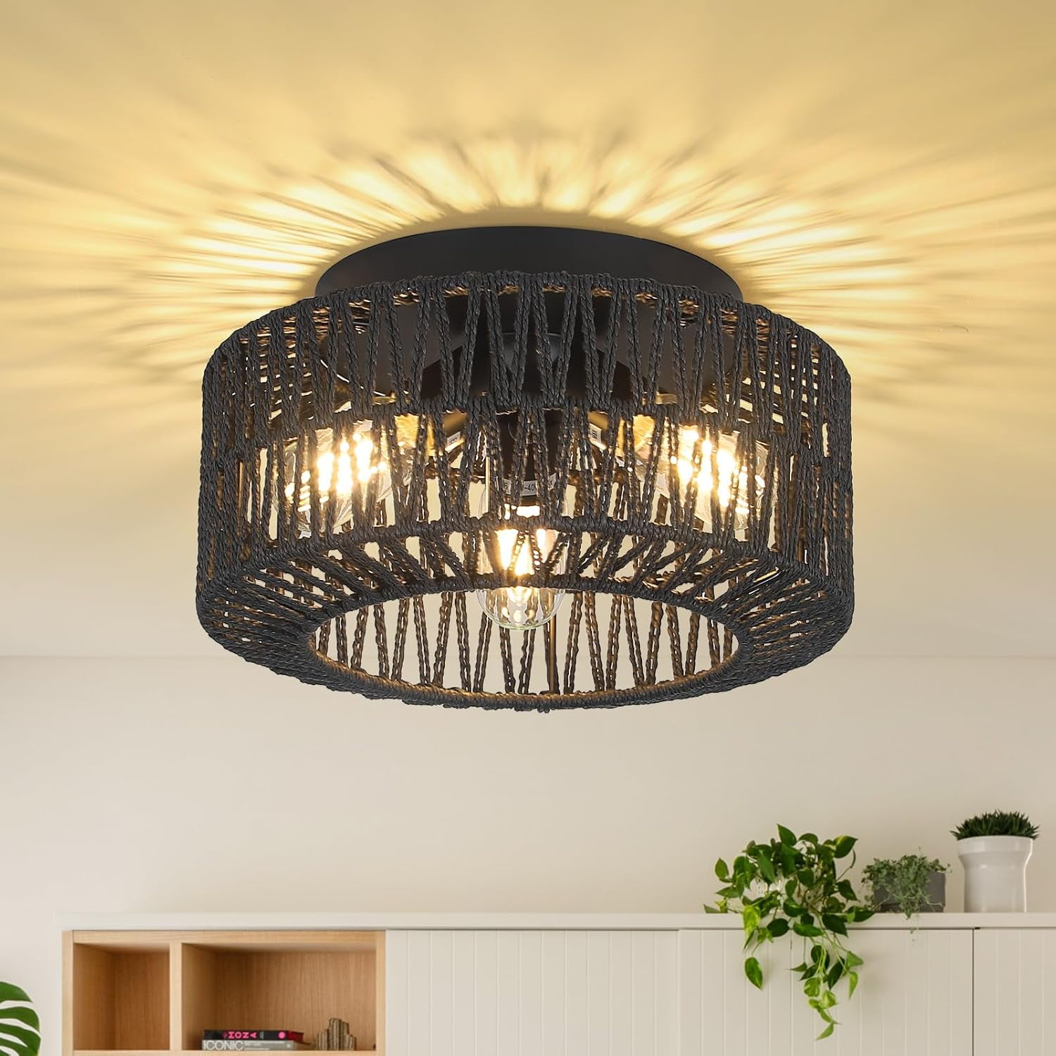 Boho Light Fixtures, 3-Light Farmhouse Rattan Ceiling Light, Flush ...