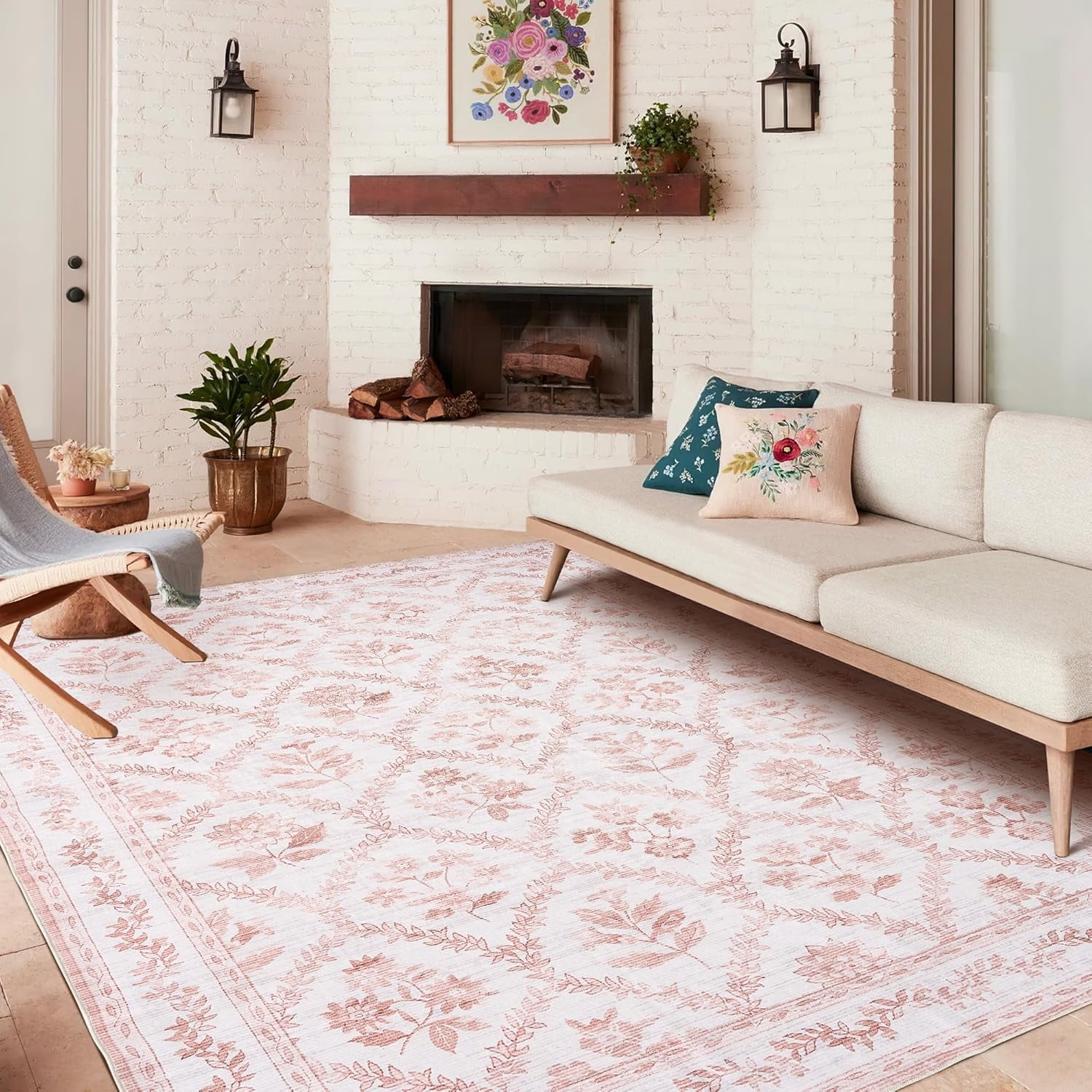 Boho Light Pink Floral Area Rugs Nursery For Baby Girl, Blush Pink Cute ...