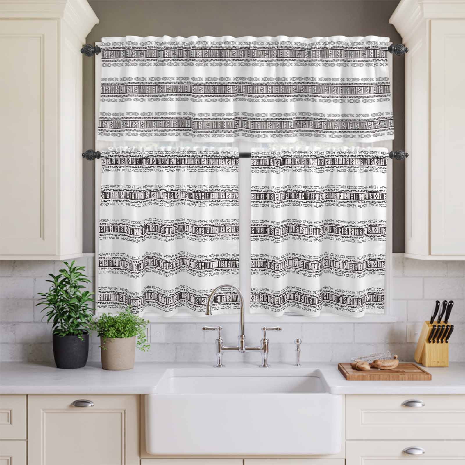 Boho Line Art on White Curtain Tier and Valance Set 3 Piece,Abstract ...