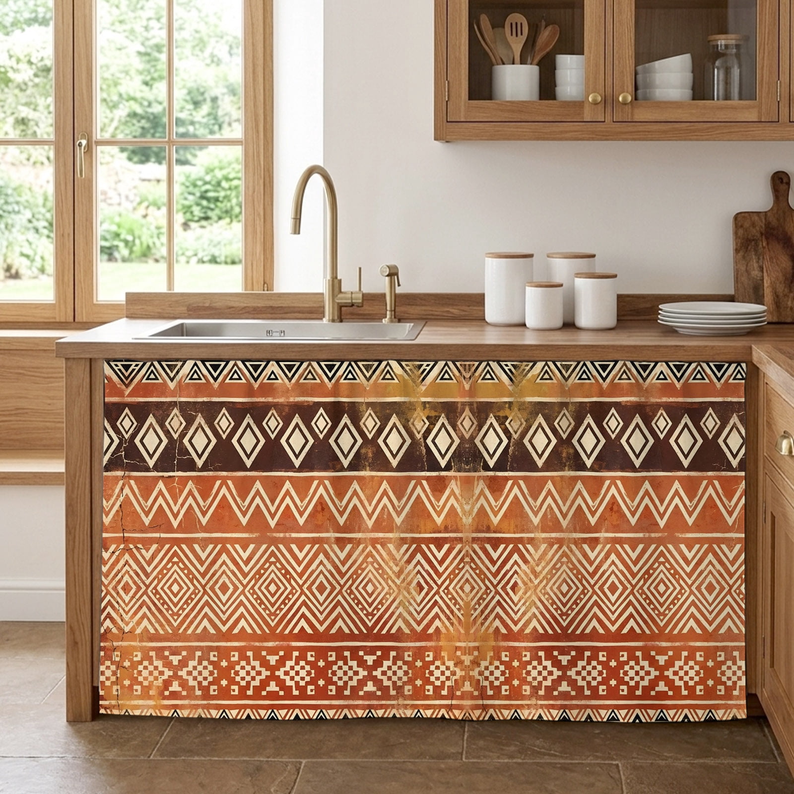 Boho Linear Cabinet Curtains 28"W x 51"L, Terracotta Brown Native ...