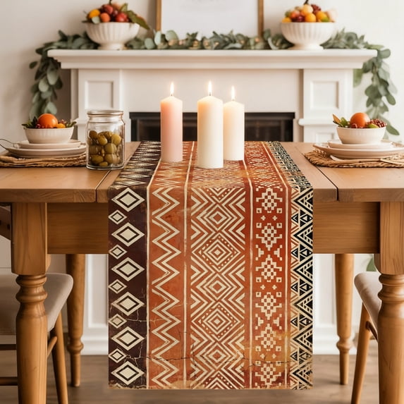 Boho Linear Dining Table Runner, Terracotta Brown Native Rustic Stripes ...