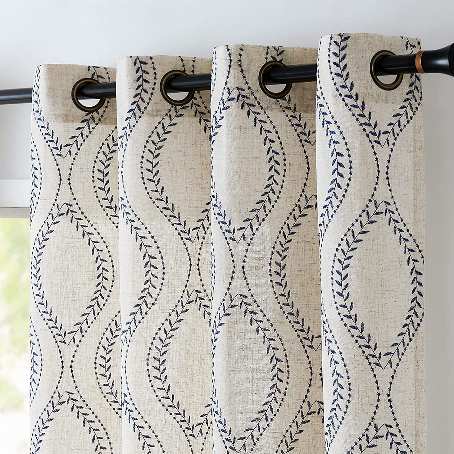 Boho Linen Blend Curtains Beige Farmhouse Curtains 63 Inches Long Blue ...