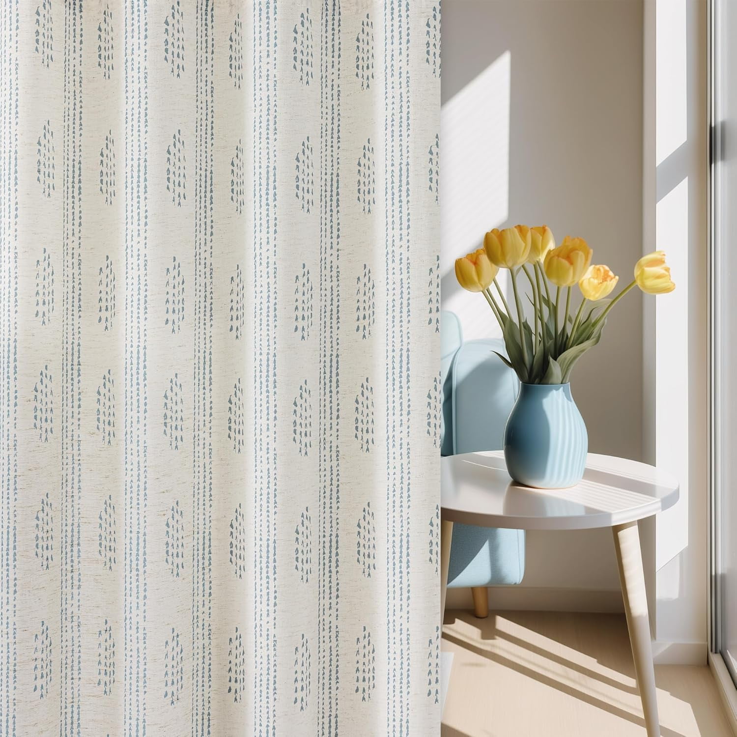 Boho Linen Curtains for Bedroom Living Room Blue Farmhouse Boho Curtains 84 Inches Long ...