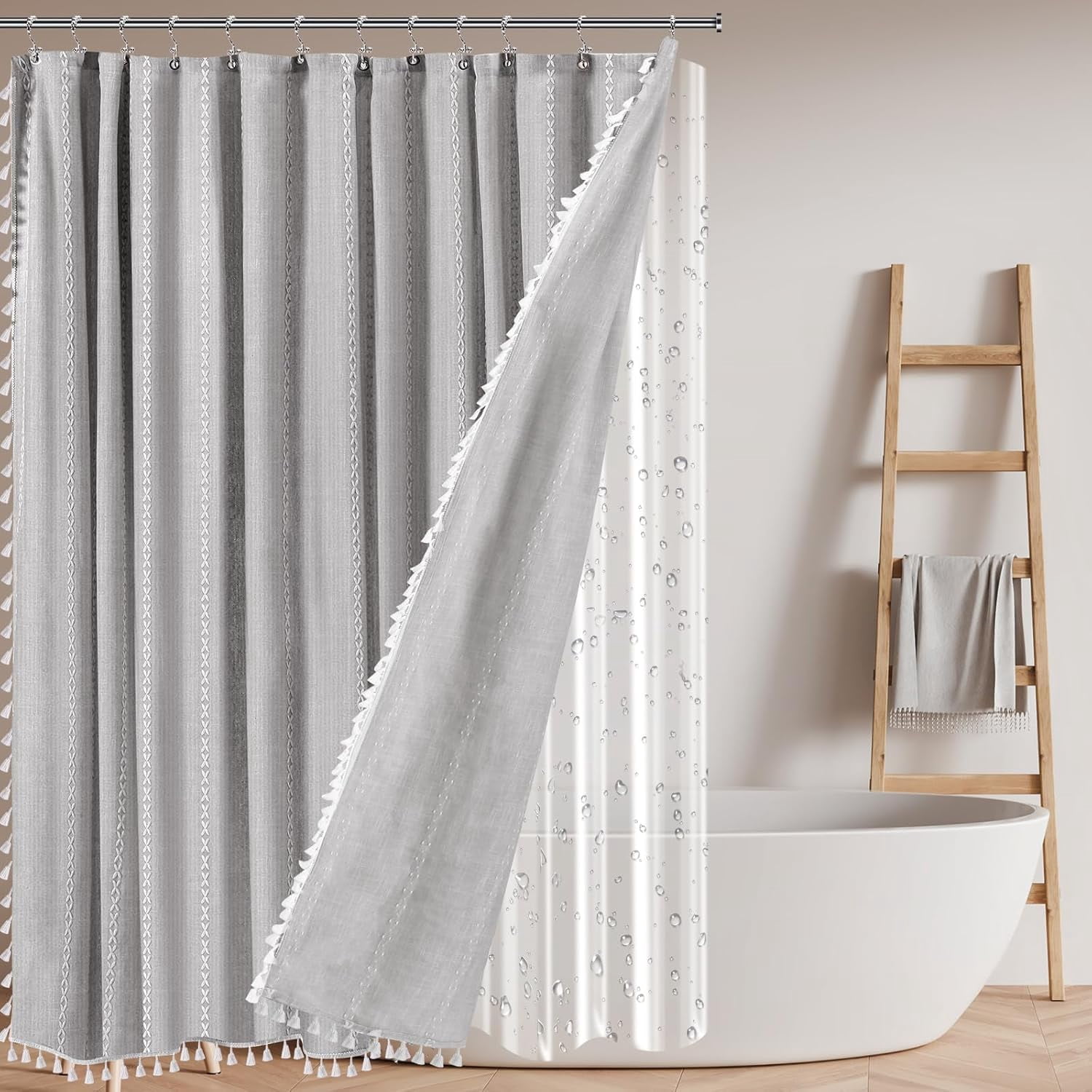 Boho Linen Farmhouse Shower Curtain and Clear Curtains Liner Set 3 in 1 ...
