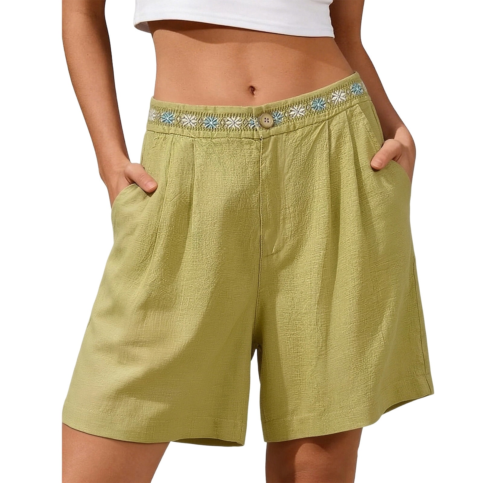 Boho Linen Shorts for Women Floral Embroidery Waist Wide Leg Shorts ...