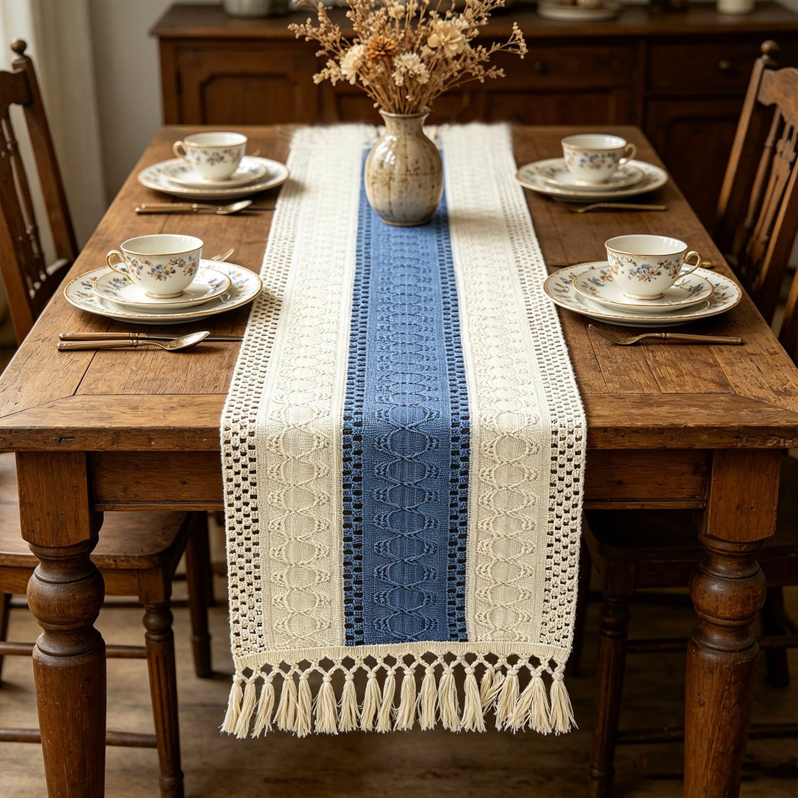 Boho Linen Table Runner Bohemian Style Tassel Table Scarf Farmhouse ...