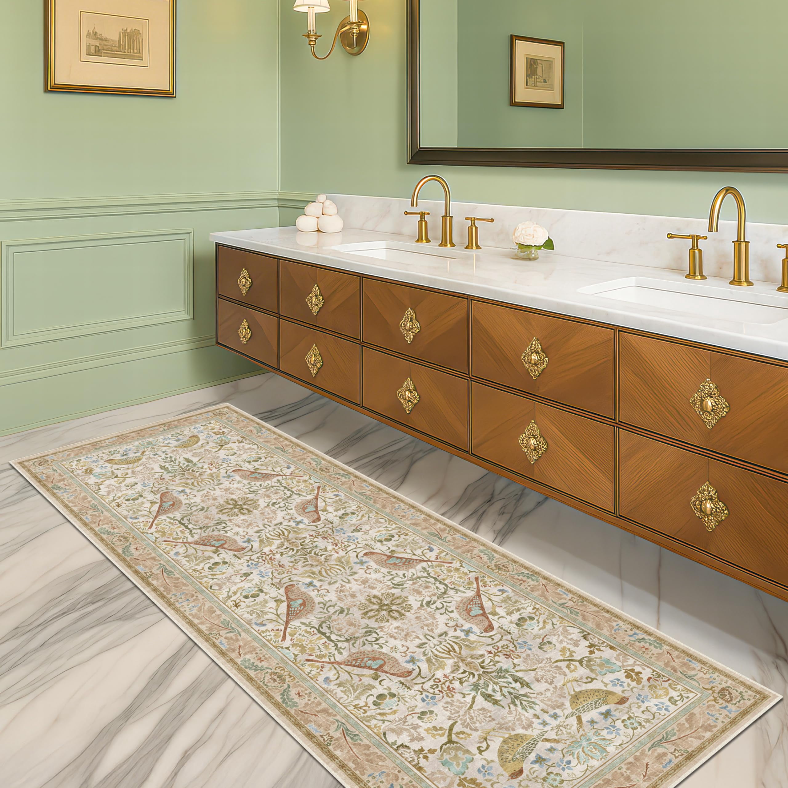 Boho Long Bathroom Runner Rug 2x6 - Floral & Bird Runner Rug for ...
