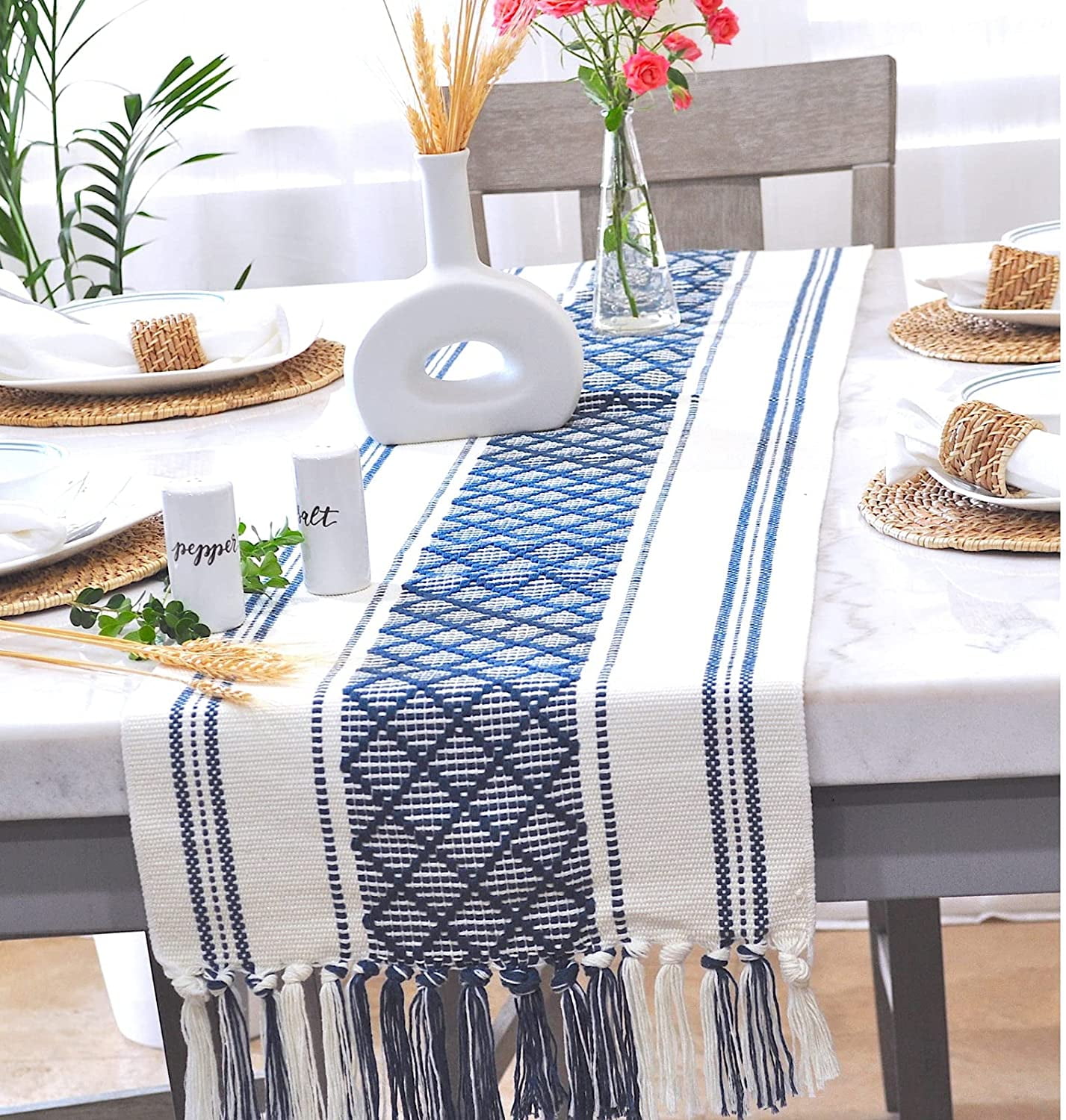 Bohemian Navy Blue & Cream Table Runner 14x90 Inches | Woven Washable ...