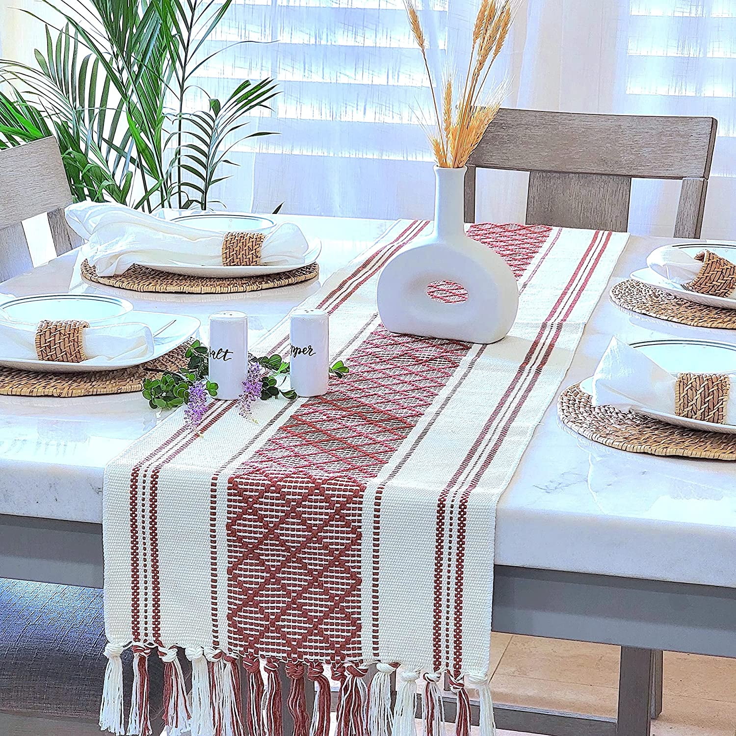 Boho Long Dining Table Runner with Tassels 14x90 Inches, Rust Brown ...