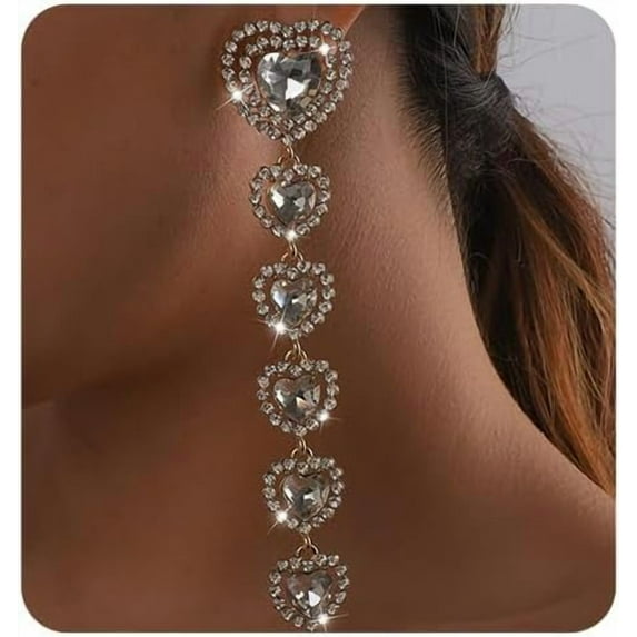 Boho Long Heart Full Diamond Dangle Earrings Sparkling Statement ...