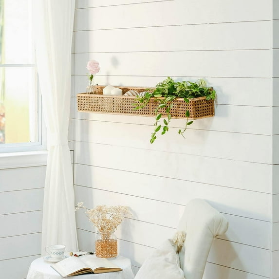 Boho Long Rattan Wall Shelves Farmhouse Woven Wall Mounted Shelf Basket ...