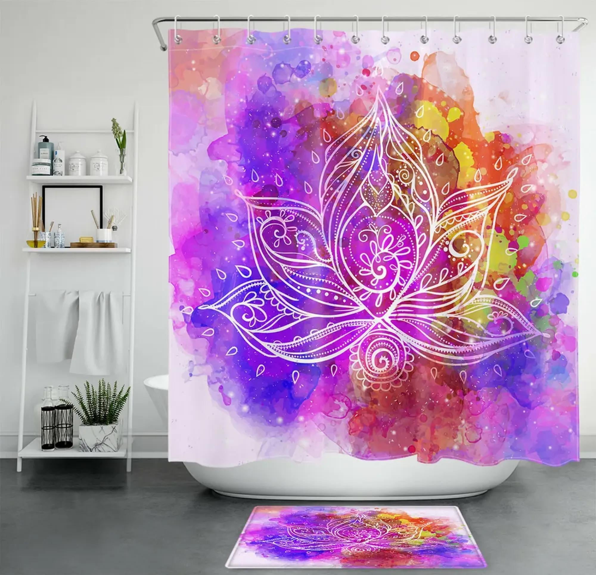 Boho Lotus Watercolor Shower Curtain Set With Gradient Background