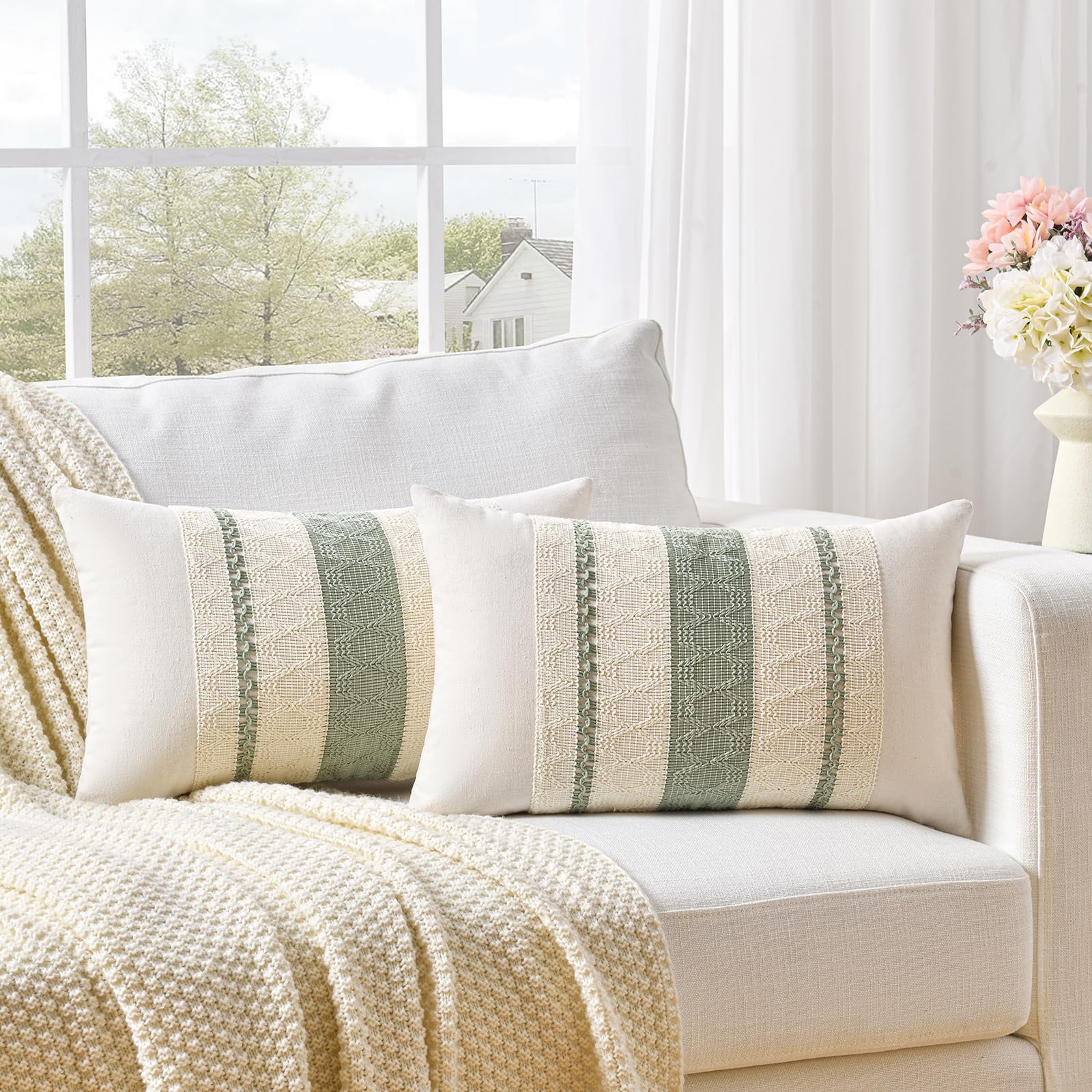 Boho Lumbar Pillow Covers 12x20 Inch, Set of 2, Sage Green Decorative ...