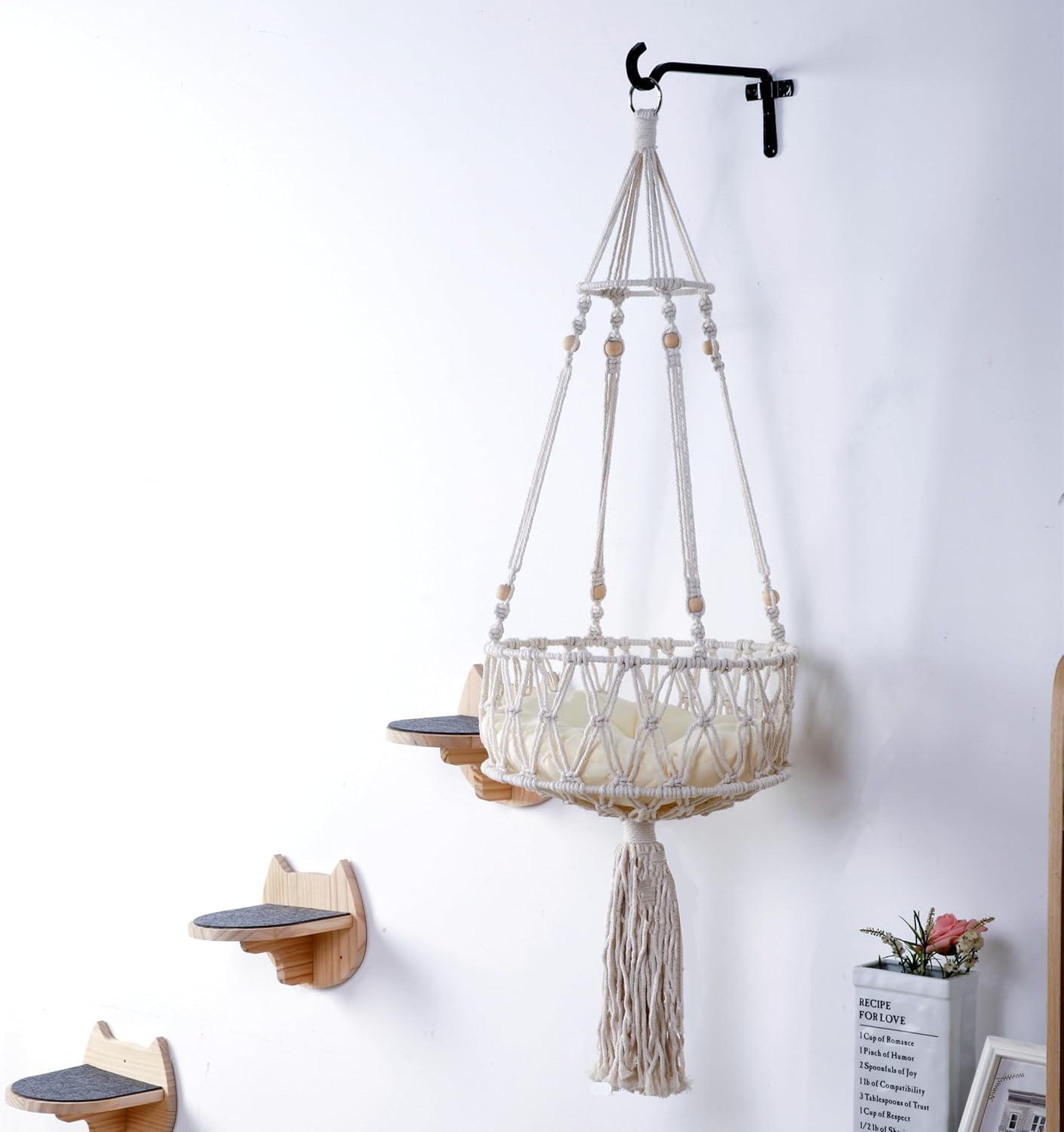 Boho Macrame Cat Hammock with 3 Steps and Hook, Wall Mounted Swing Bed ...