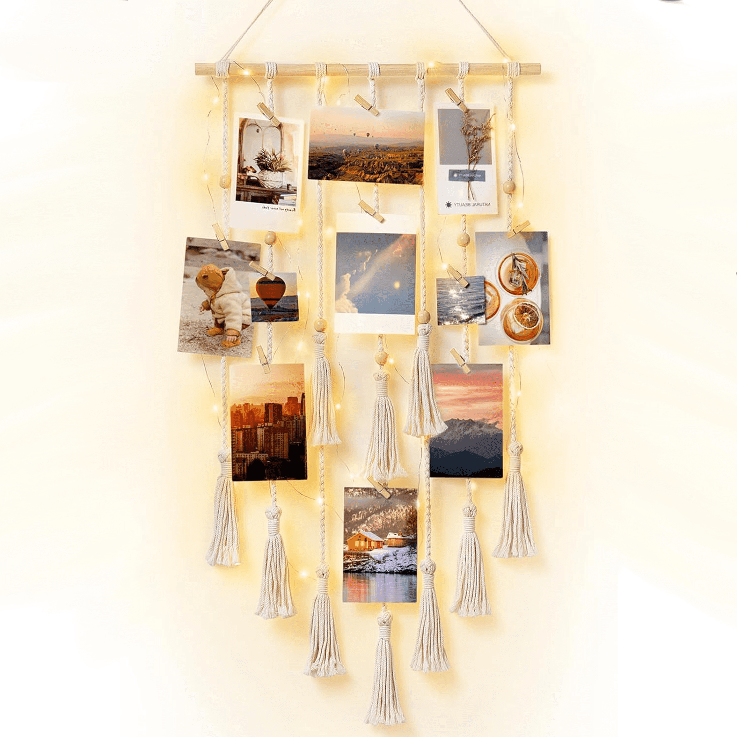Boho Macrame Hanging Photo Display with LED String Lights,20 Wood Clips ...