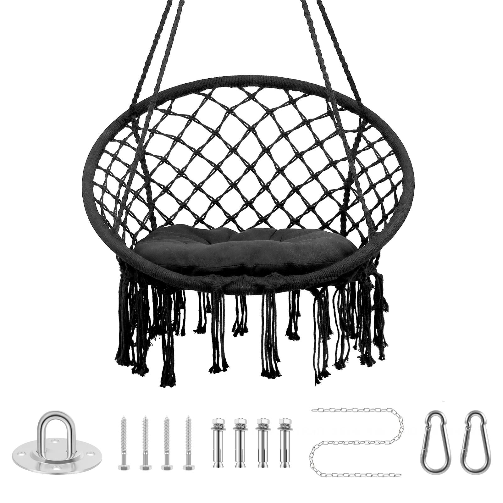 Boho Macrame Hanging Swing Chair with Cushion , Black Hammock Chair ...