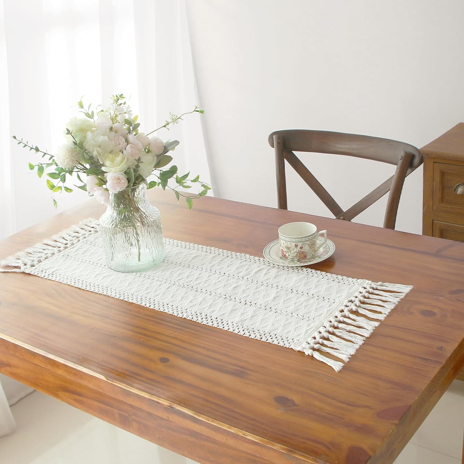Boho Macrame Table Runner with Tassels 72 Inches Long Cream Table ...