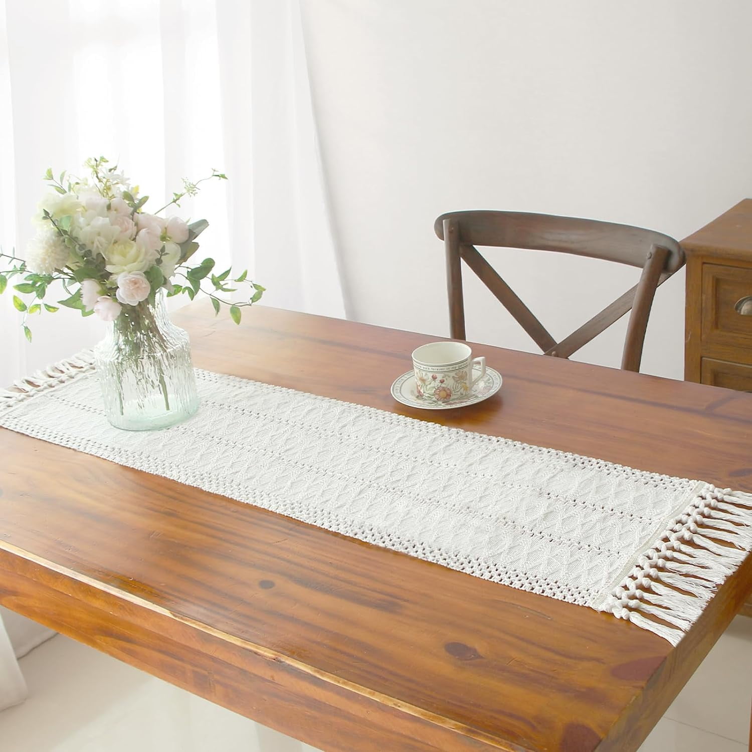 Boho Macrame Table Runner with Tassels 72 Inches Long Cream Table ...