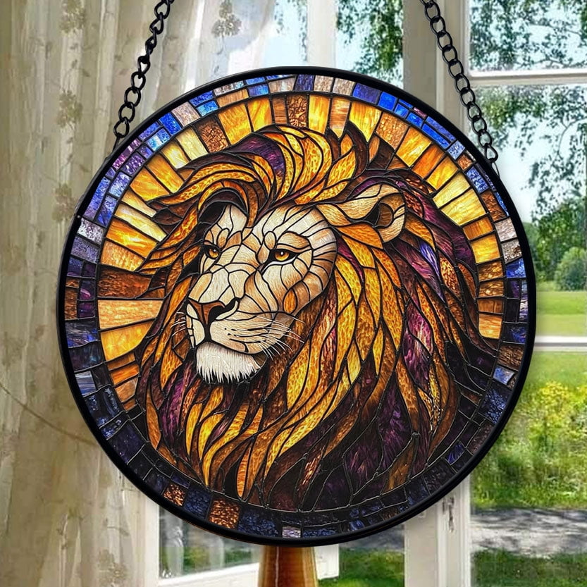 Boho Majestic Lion Head Stained Glass Suncatcher Window Hanging, Gothic ...