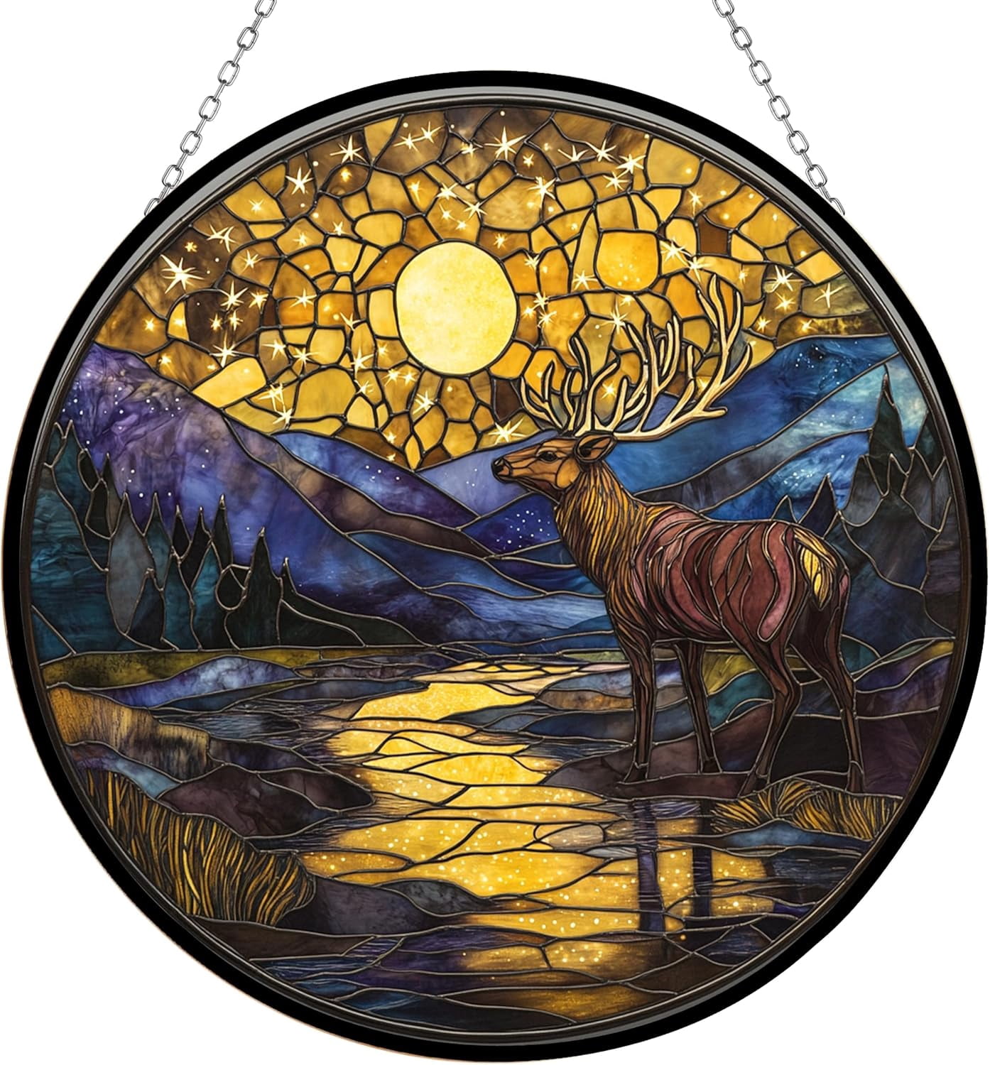 Boho Majestic Stag and River Stained Glass Suncatcher Stained Glass ...