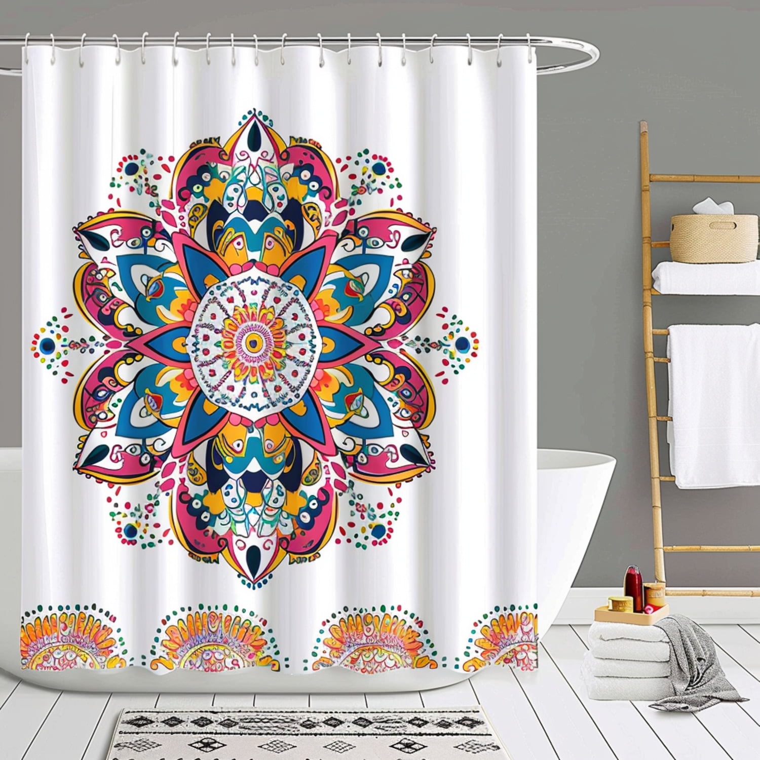 Boho Mandala Ethnic Style Shower Curtain Vibrant Colors White