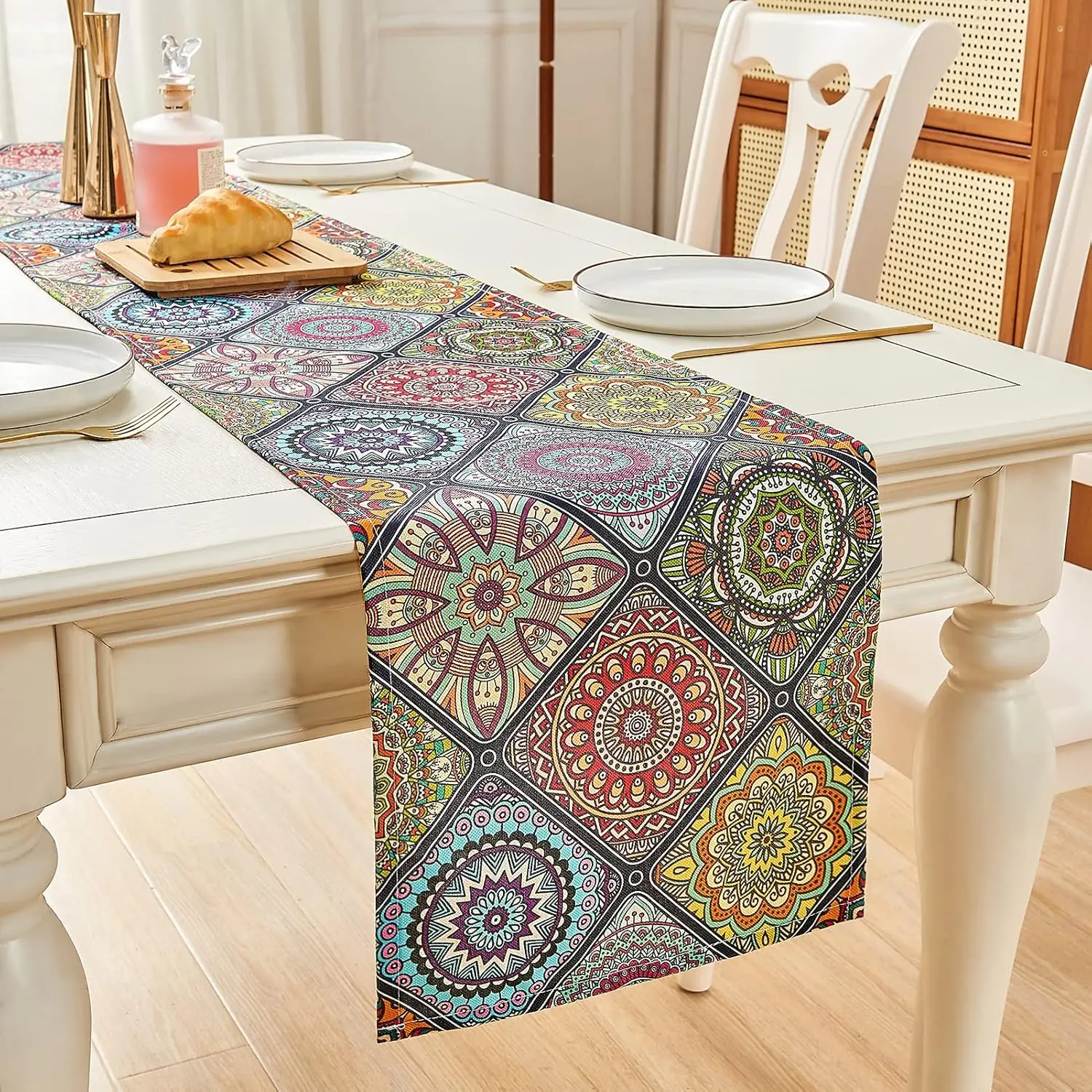 Boho Mandala Flowers Linen Table Runner Holiday Party r Reusable ...