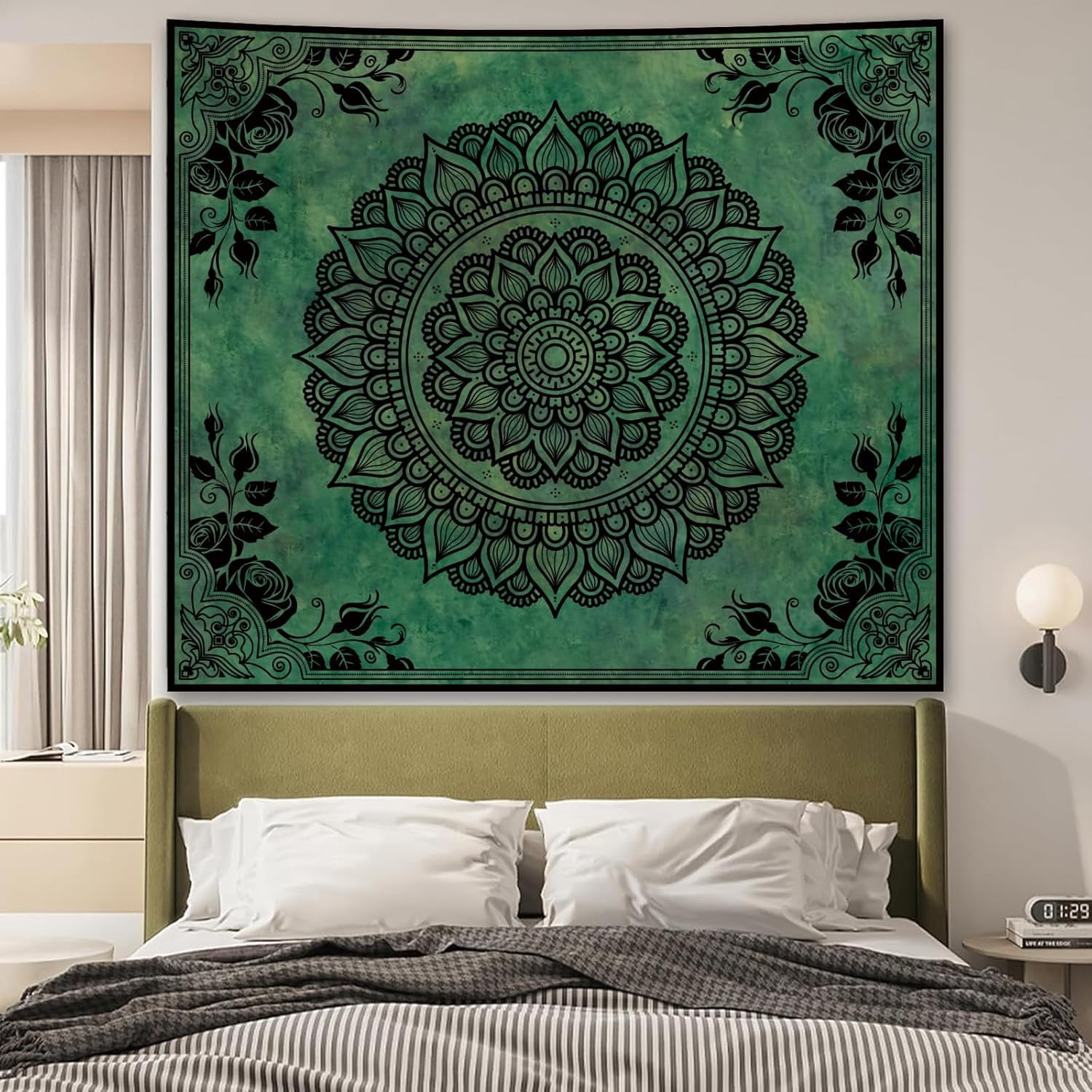 Boho Mandala Green Tapestry for Bedroom Aesthetic, Hippie Indian ...