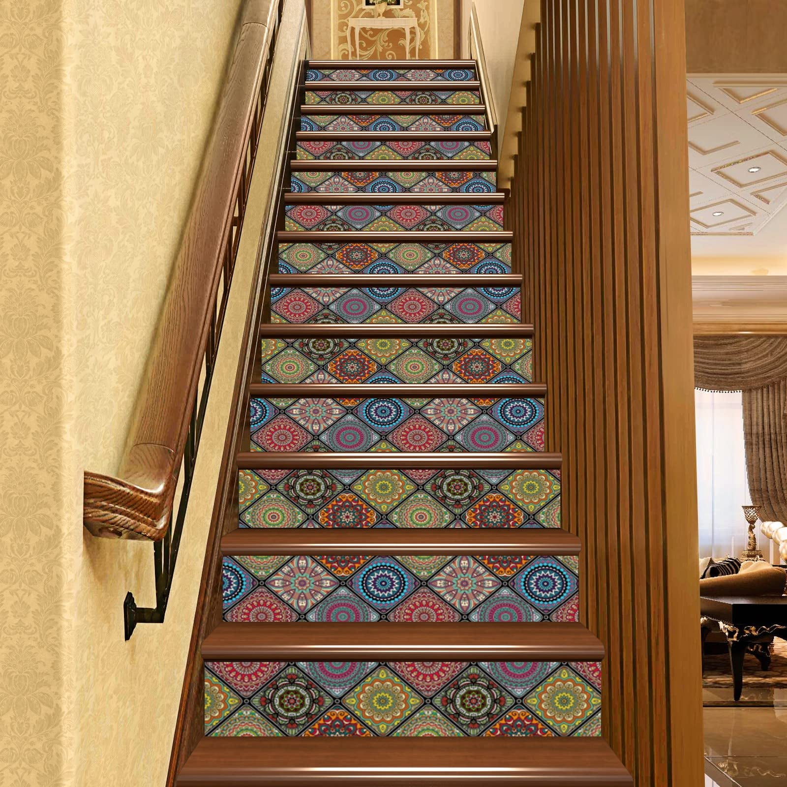 Boho Mandala Totem Stair Stickers Exotic Ethnic Floral Staircase Riser ...