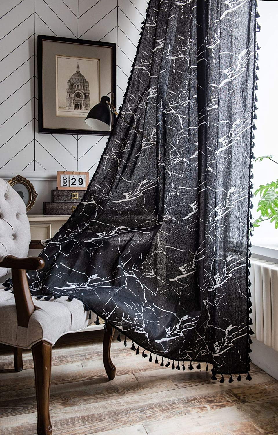 Boho Marble Window Curtain Panel with Tassels Striped Marble Print ...