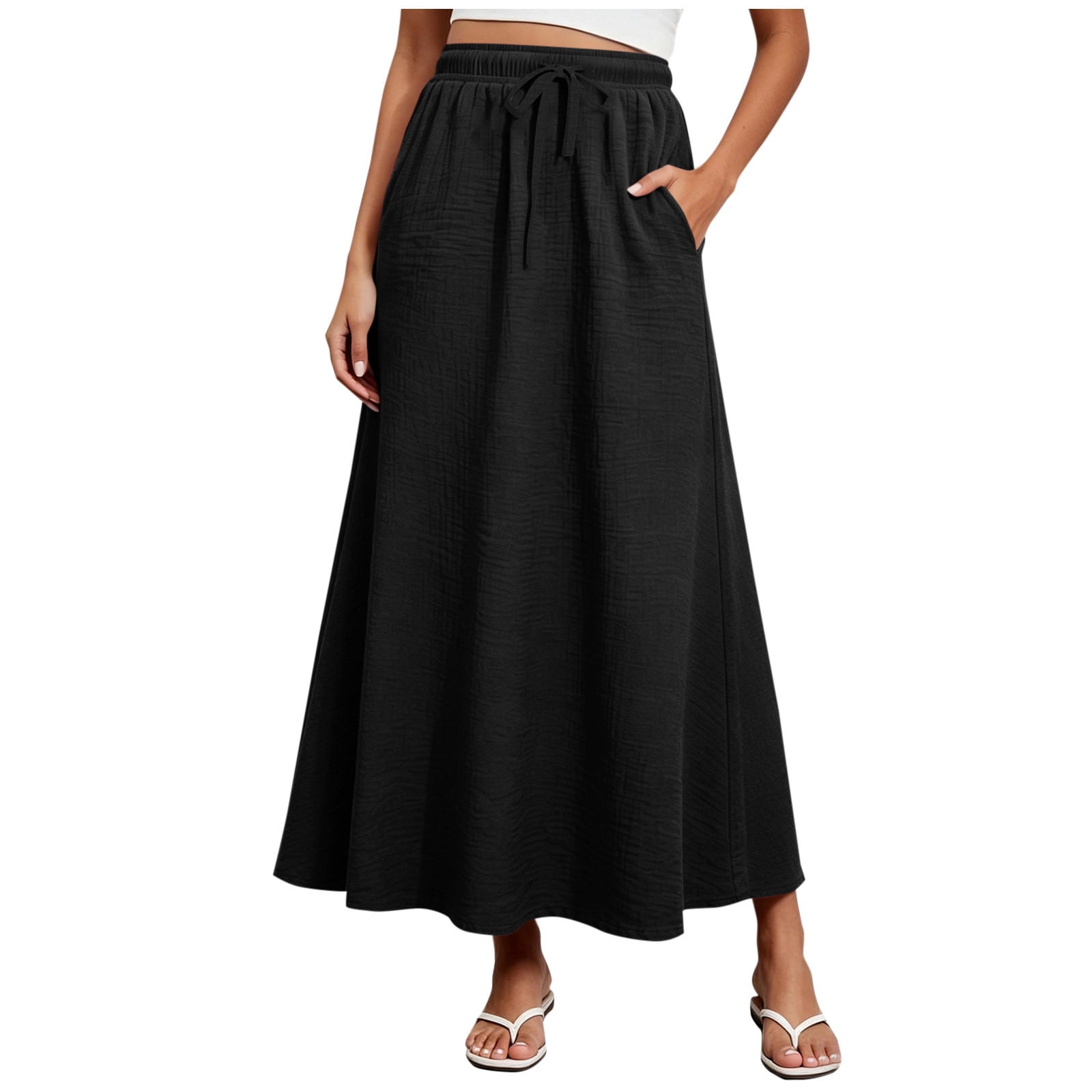 Boho Maxi Dresses Women's Pockets Elastic Drawstring Dress High‑Waist ...