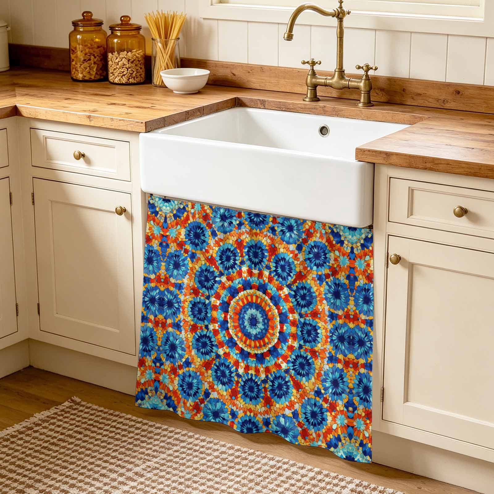 Boho Medallion Cabinet Curtains 35"W x 35"L, Farmhouse Southwest Aztec ...