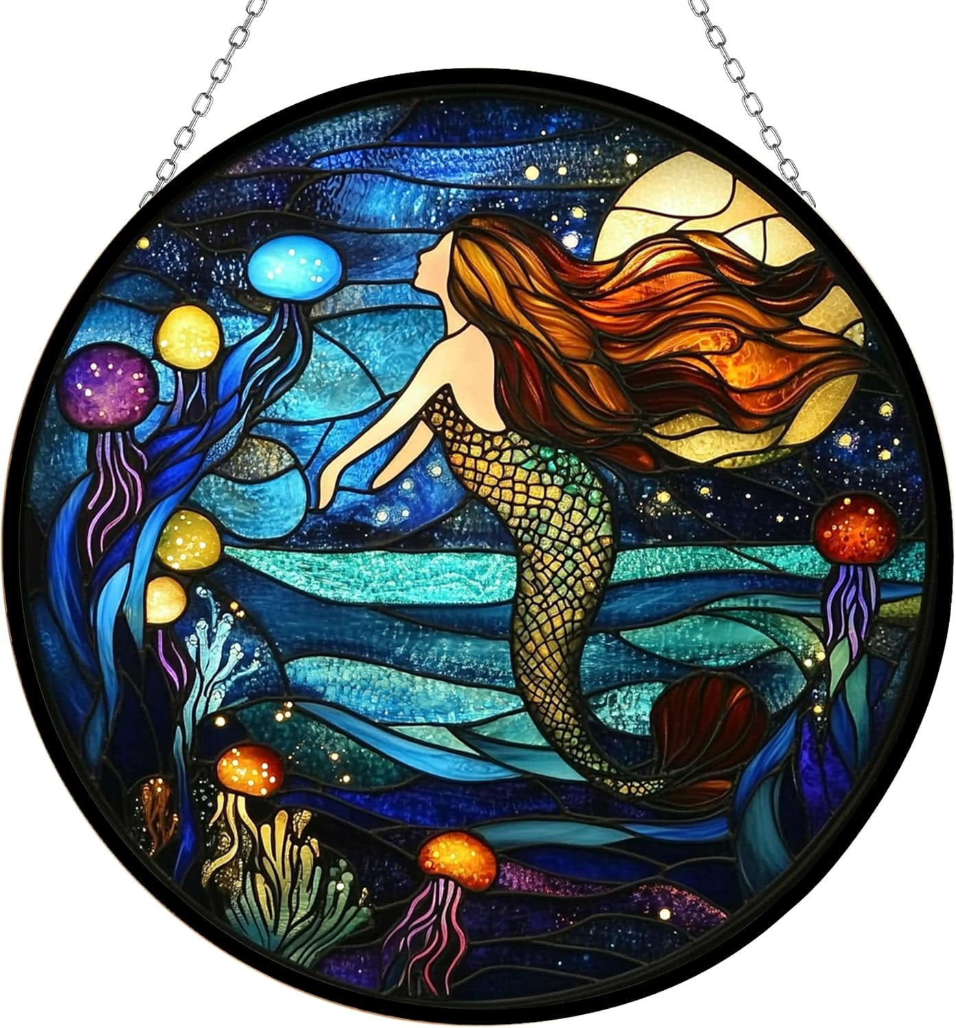 Boho Mermaid in an Ocean Stained Glass Window Hanging, Stained Glass ...